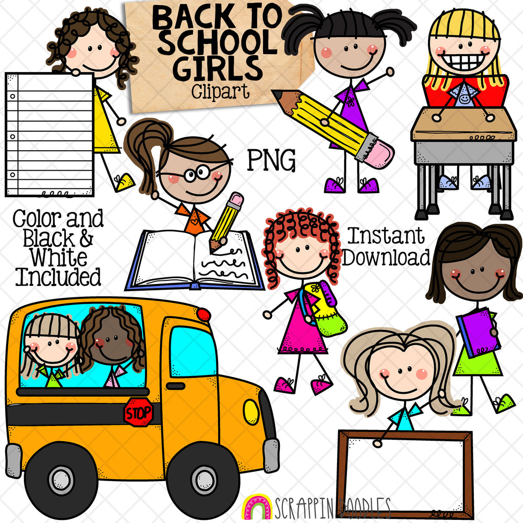Back to School ClipArt - Doodle Girls - School Bus - Student Classroom ...