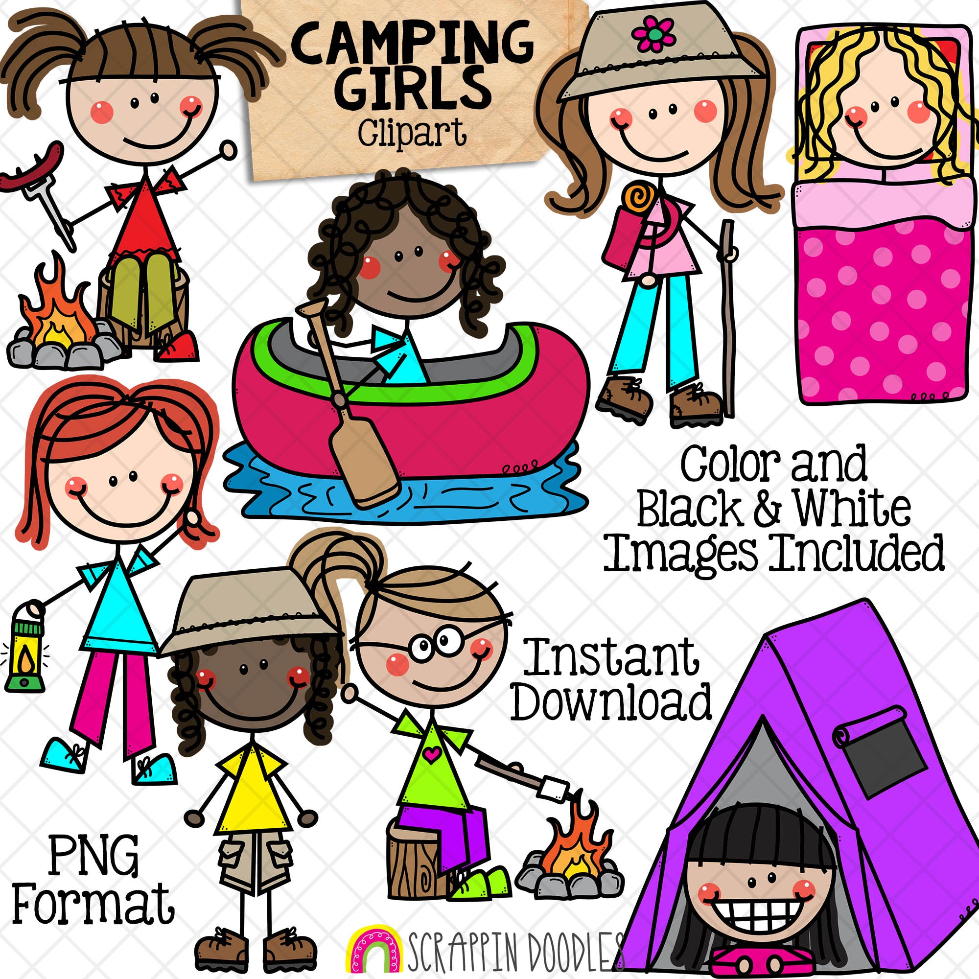 Camping Clipart - Doodle Girls Camping - Backpacking - Hiking - Campfi ...