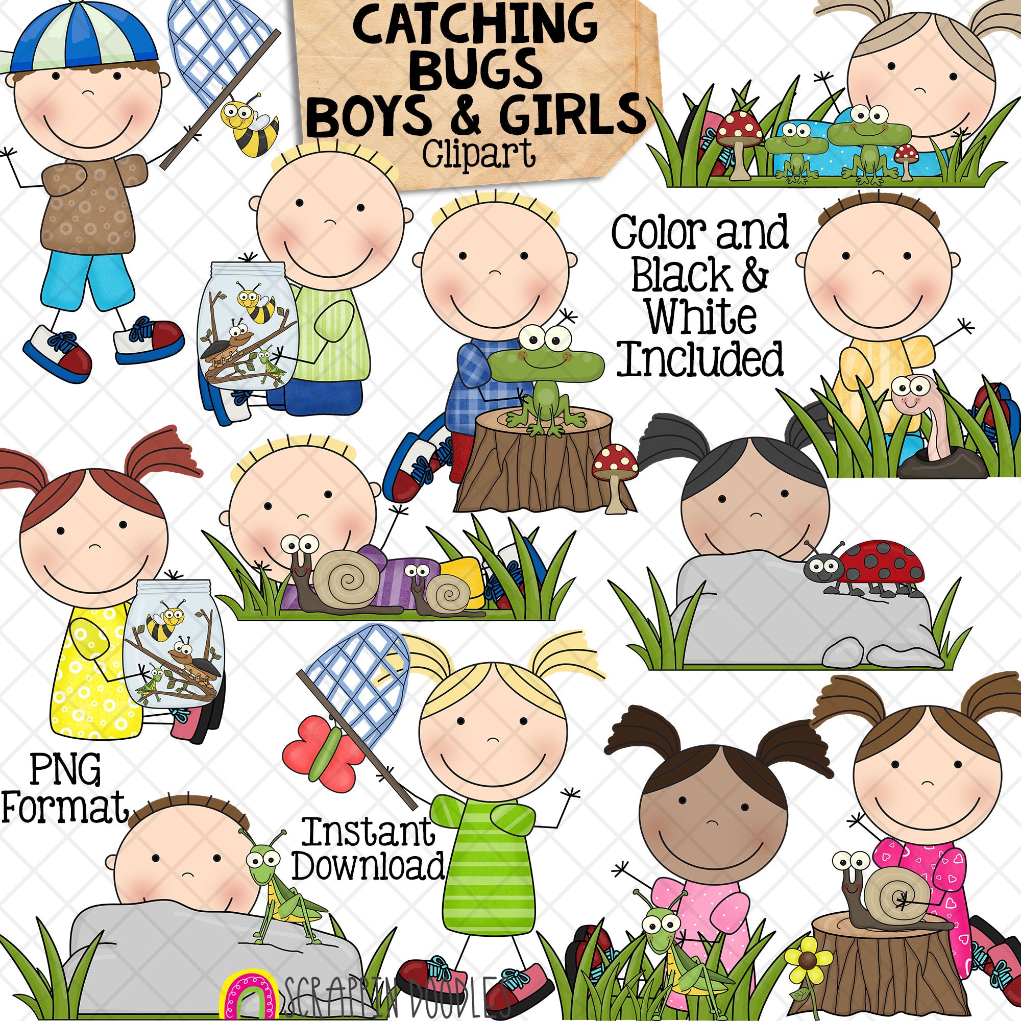 Catching Bugs Boys and Girls Clipart - Stick Figure Kids - Insects - C ...