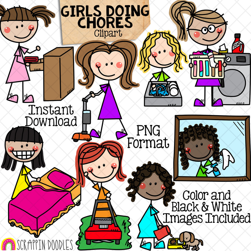 Household Chores ClipArt -Doodle Girls Chores Clipart - Kids Doing Cho ...