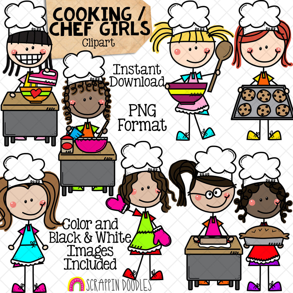 Cooking Clip Art - Doodle Girls in Chef Hats - Baking - Mixing - Rolli ...