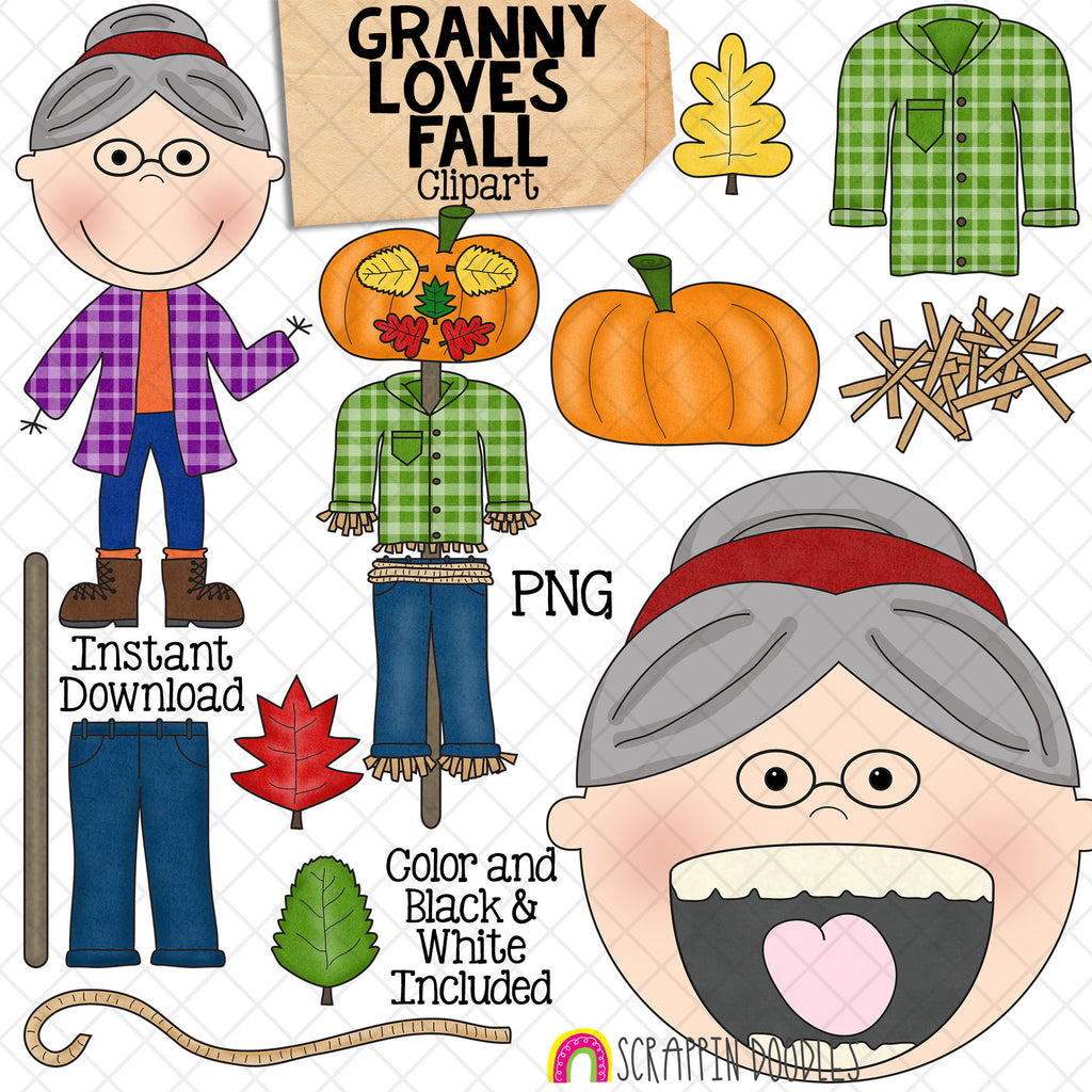 Granny Loves Fall Clip Art - Old Lady Swallowed Some Leaves Graphics ...
