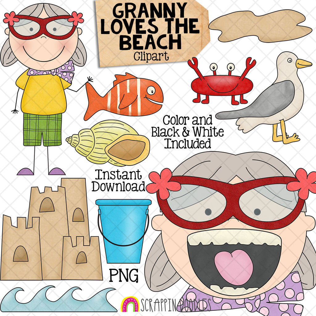 Granny Loves The Beach Clip Art - Old Lady Swallowed A Shell Graphics ...
