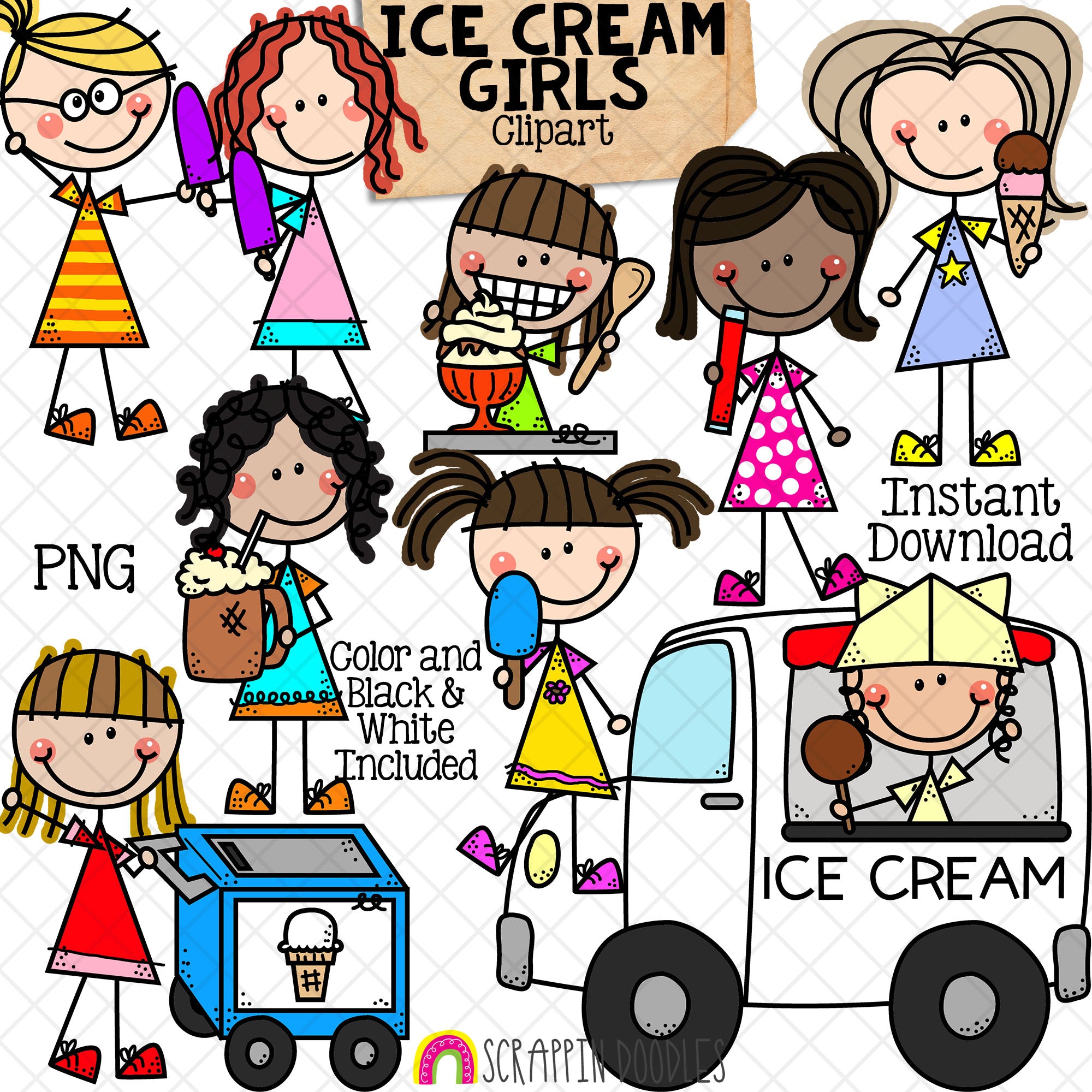 Ice Cream Clipart - Doodle Girls - Ice Cream Truck ClipArt - Cart - Su ...