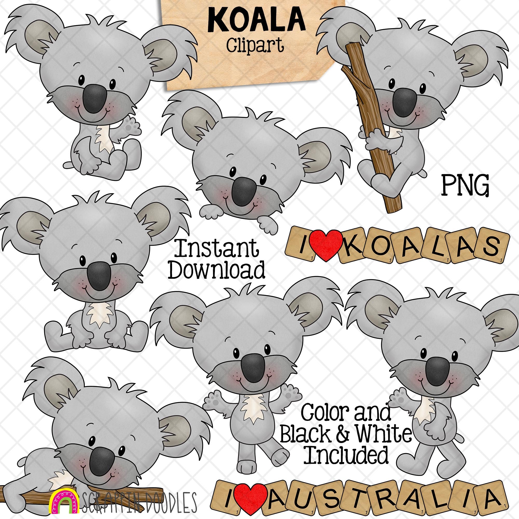 Koala ClipArt - Cute Koala Bears Posing Graphics - Commercial Use - PN ...