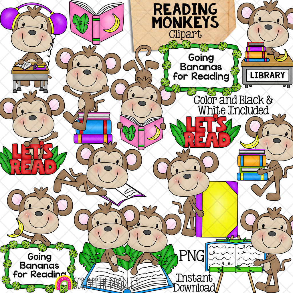 Monkey Clip Art - Monkeys Reading Books - Jungle Animals Learning to R ...