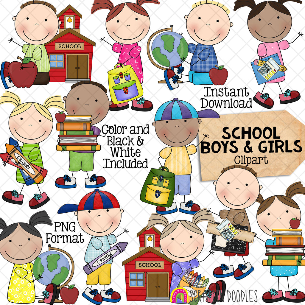 School Boys and Girls Clipart - Stick Kids - First Day of School - Com ...