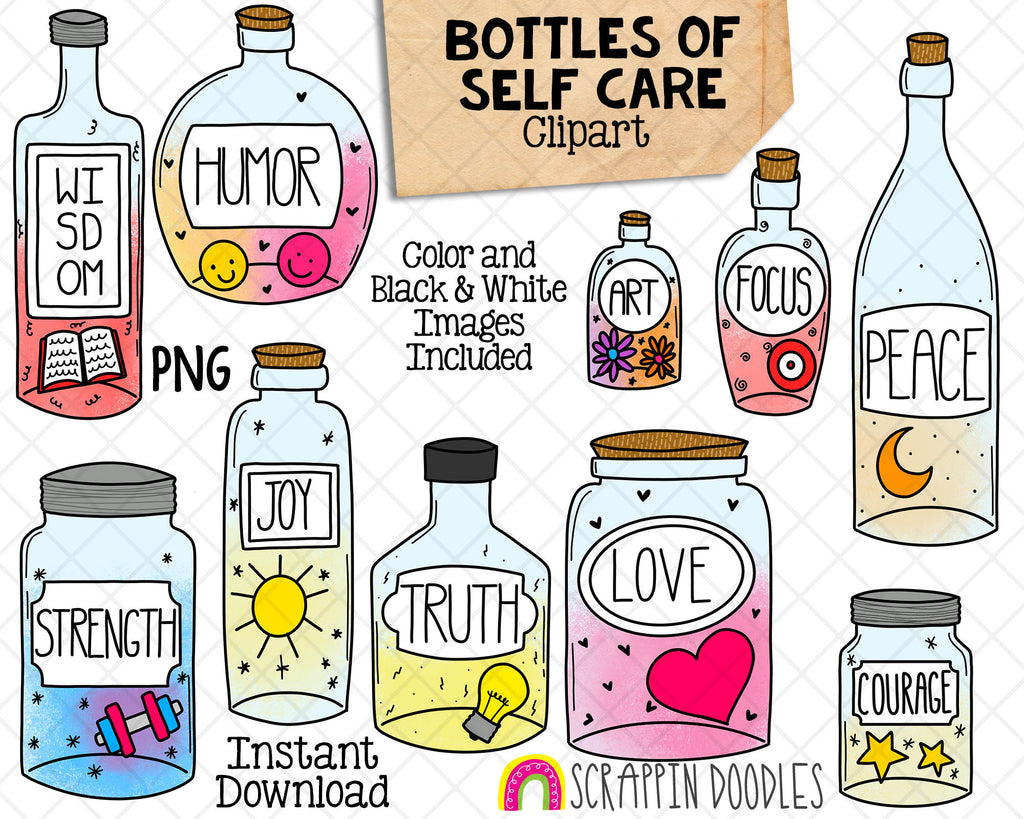 Bottles of Self Care Clip Art - Positivity Jars - Commercial Use PNG ...