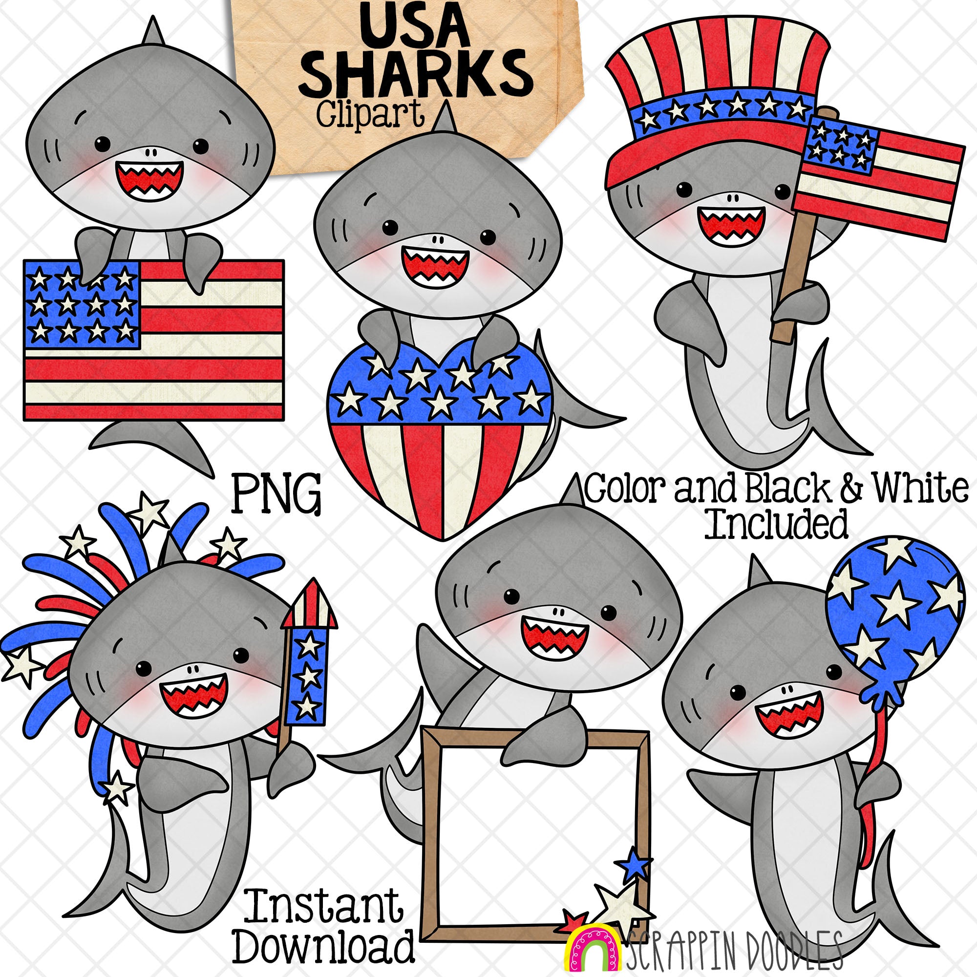 USA Sharks Clip Art - Grey Shark Clipart - Baby Shark - Patriotic - In ...