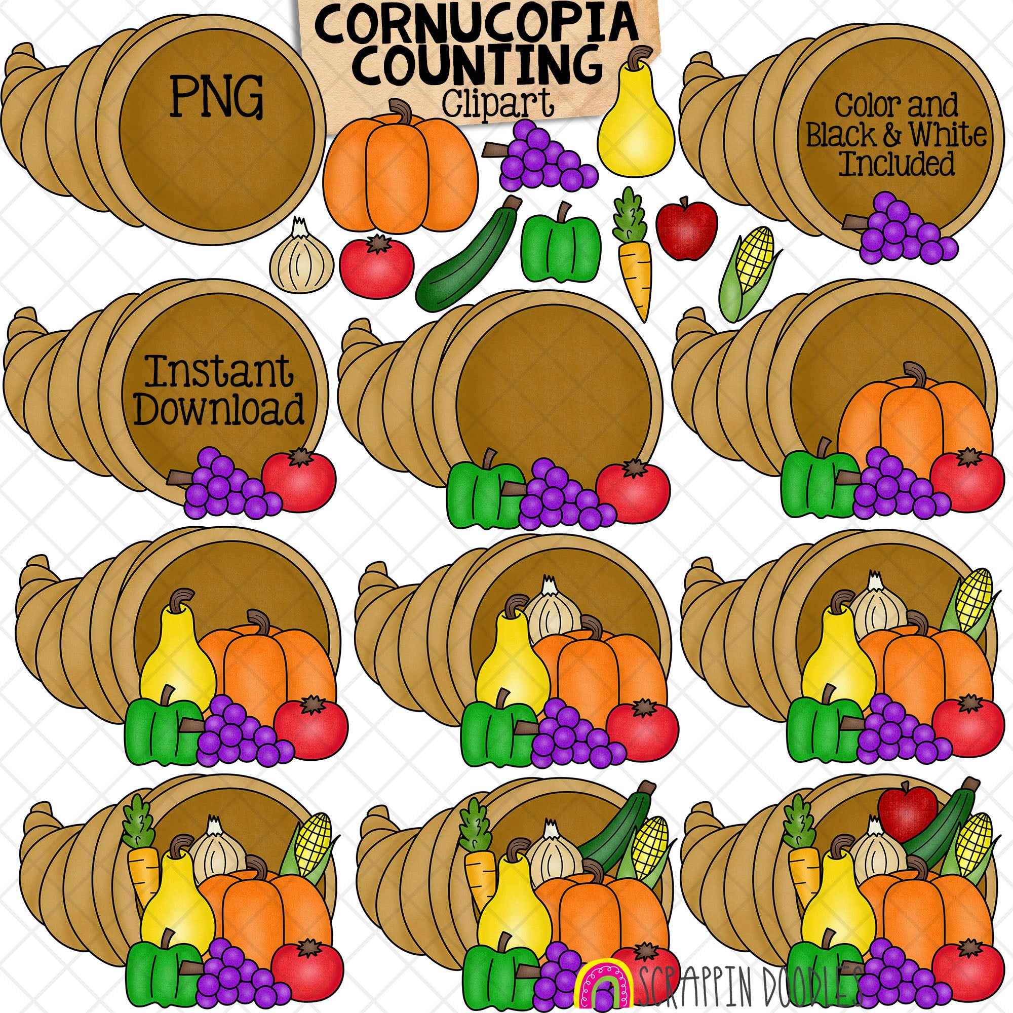 Counting Cornucopia ClipArt - Thanksgiving Vegetables Fruit in Cornuco ...