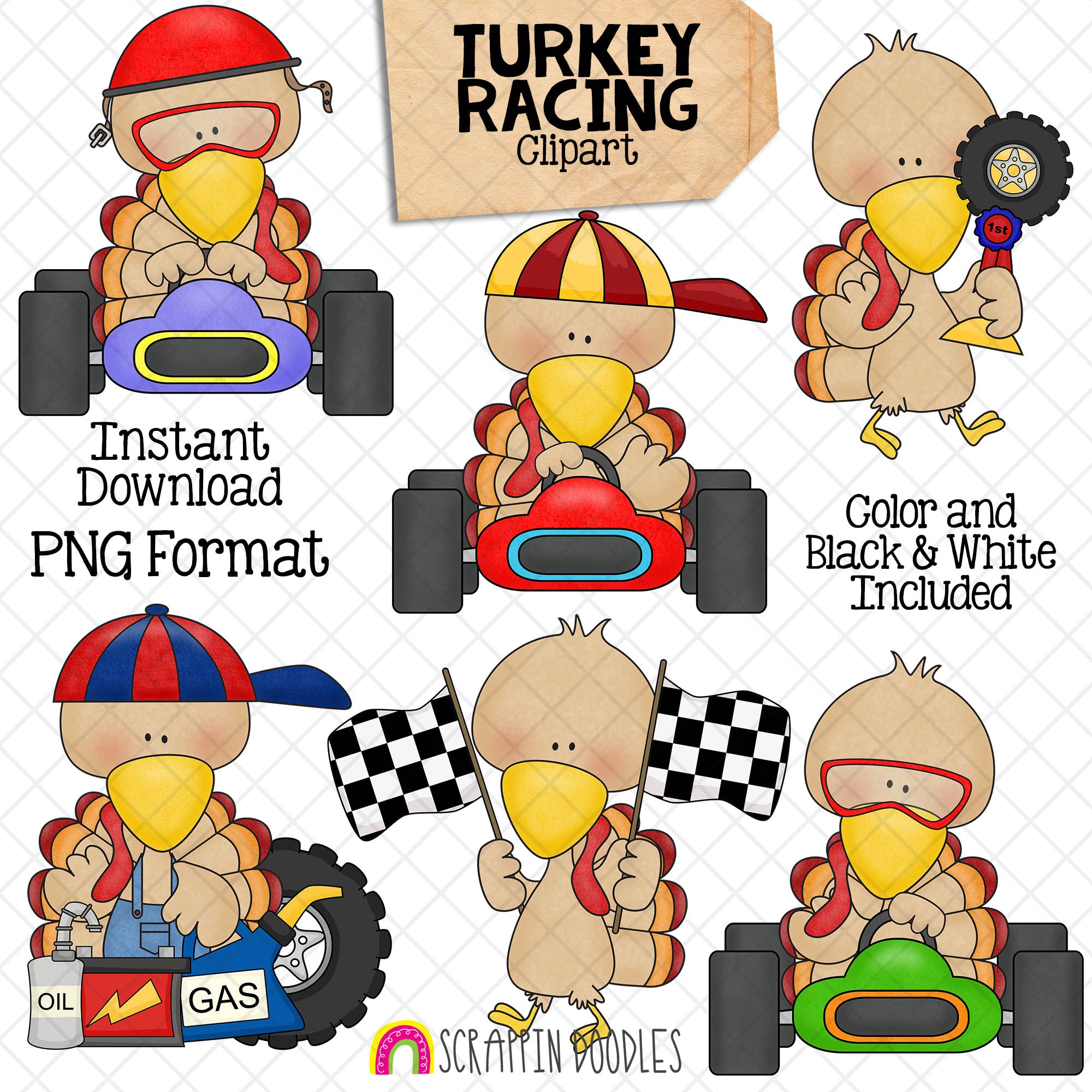 Turkey ClipArt - Racing Turkeys Clip Art - Cute Turkeys in Race Cars G ...