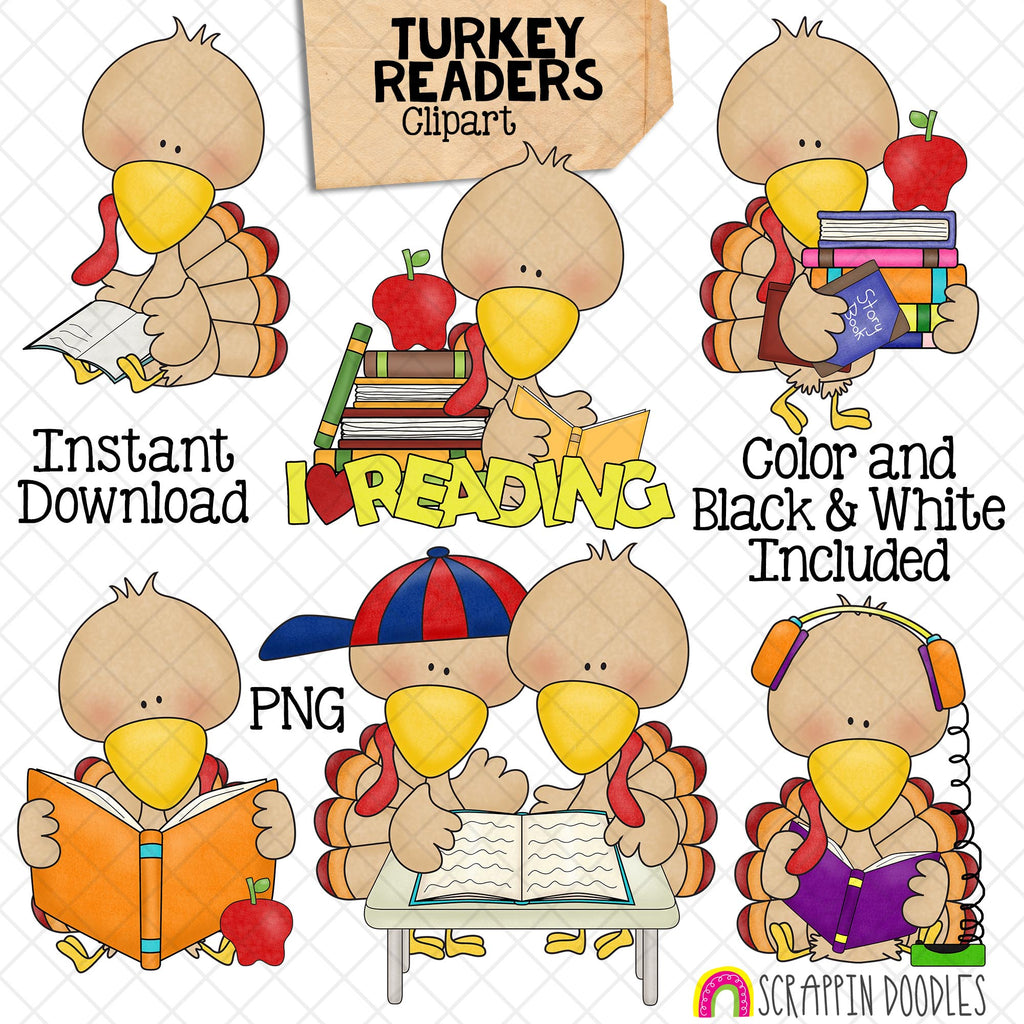 Turkey ClipArt - Reading Turkeys Clip Art - Cute School Turkeys Graphi ...