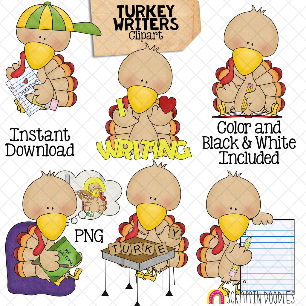 Turkey ClipArt - Writing Turkeys Clip Art - Cute School Turkeys Graphi ...
