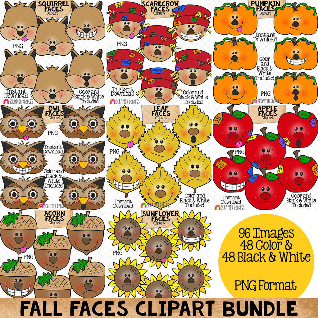 Fall Faces Bundle - Autumn Facial Expressions - Acorn - Apple - Leaf ...