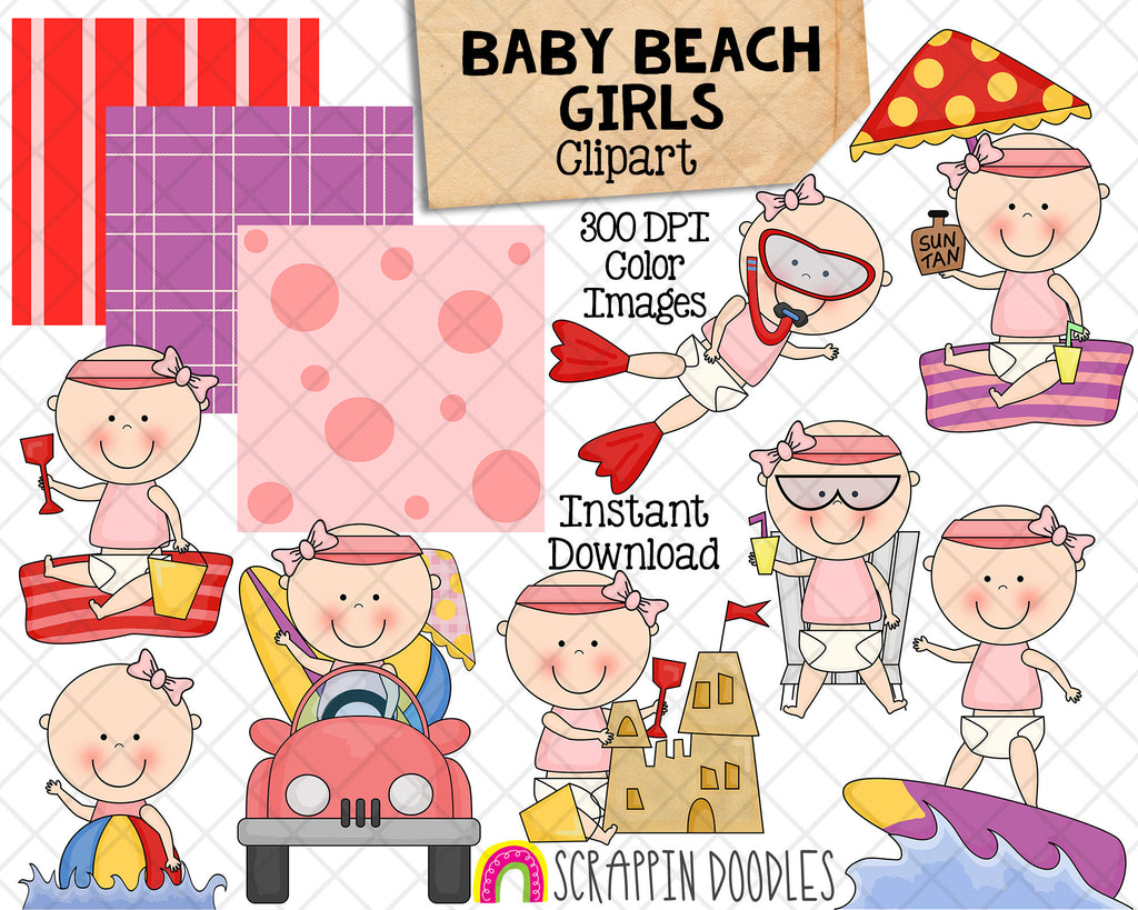 Beach Baby ClipArt - Baby Girls Swimming - Sandcastle - Baby Shower ...