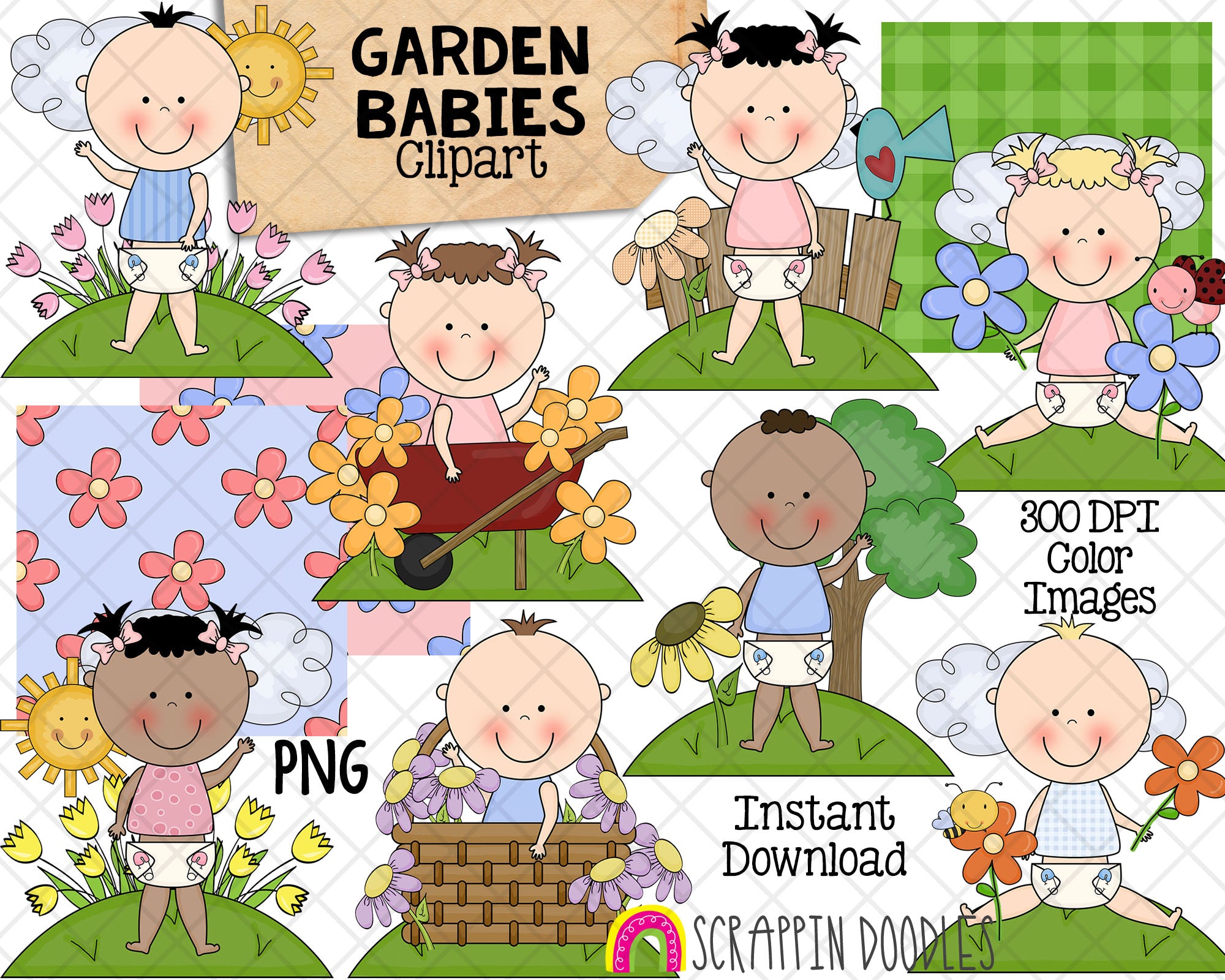 Kids In Flower Garden Clip Art