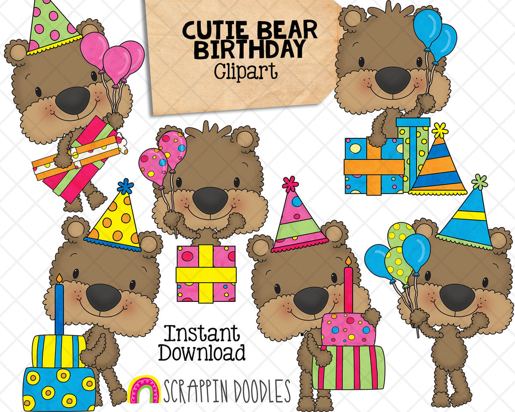 Cutie Bears Birthday Party Clip Art - Baby Brown Bear Graphics - Hand ...