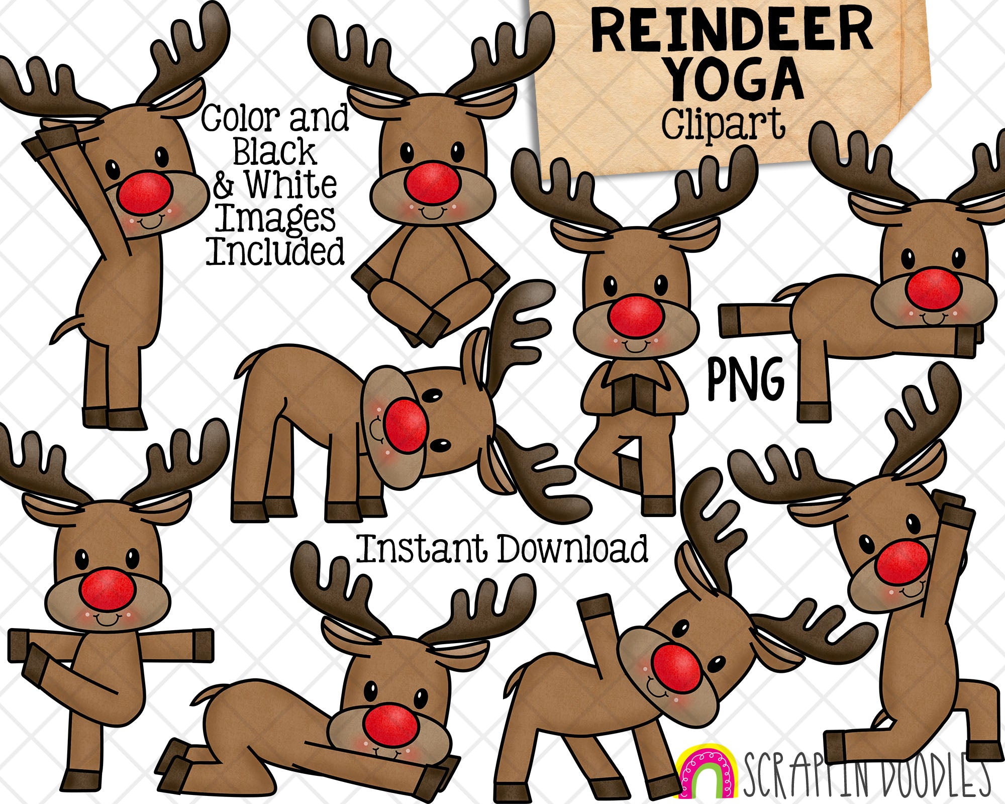 Reindeer Yoga Clip Art - Christmas Rudolph Stretching Clipart - Yoga P ...