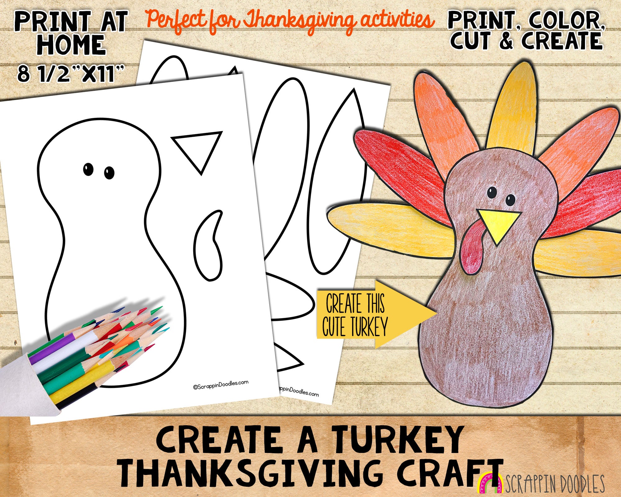 Create A Turkey 2 Craft {Print, Color, Cut & Paste} – Scrappin Doodles