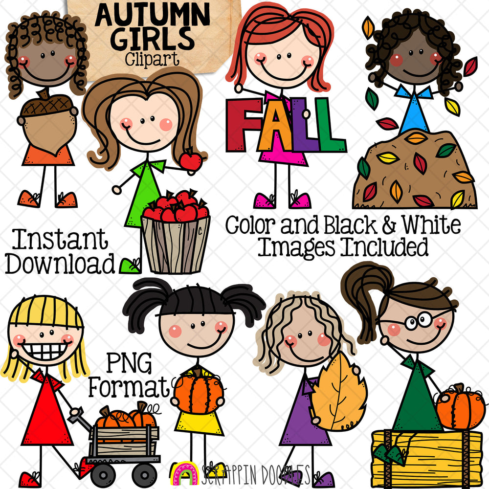 Autumn Clipart - Doodle Girls Fall Fun Clip Art - Farm - Acorn - Leaf ...