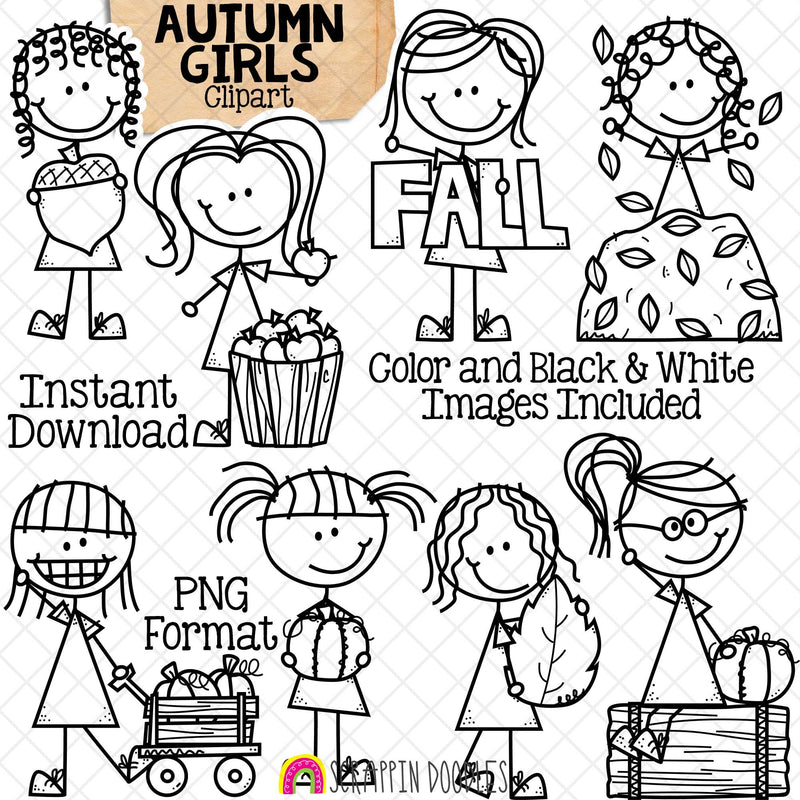 Autumn Clipart - Doodle Girls Fall Fun Clip Art - Farm - Acorn - Leaf ...