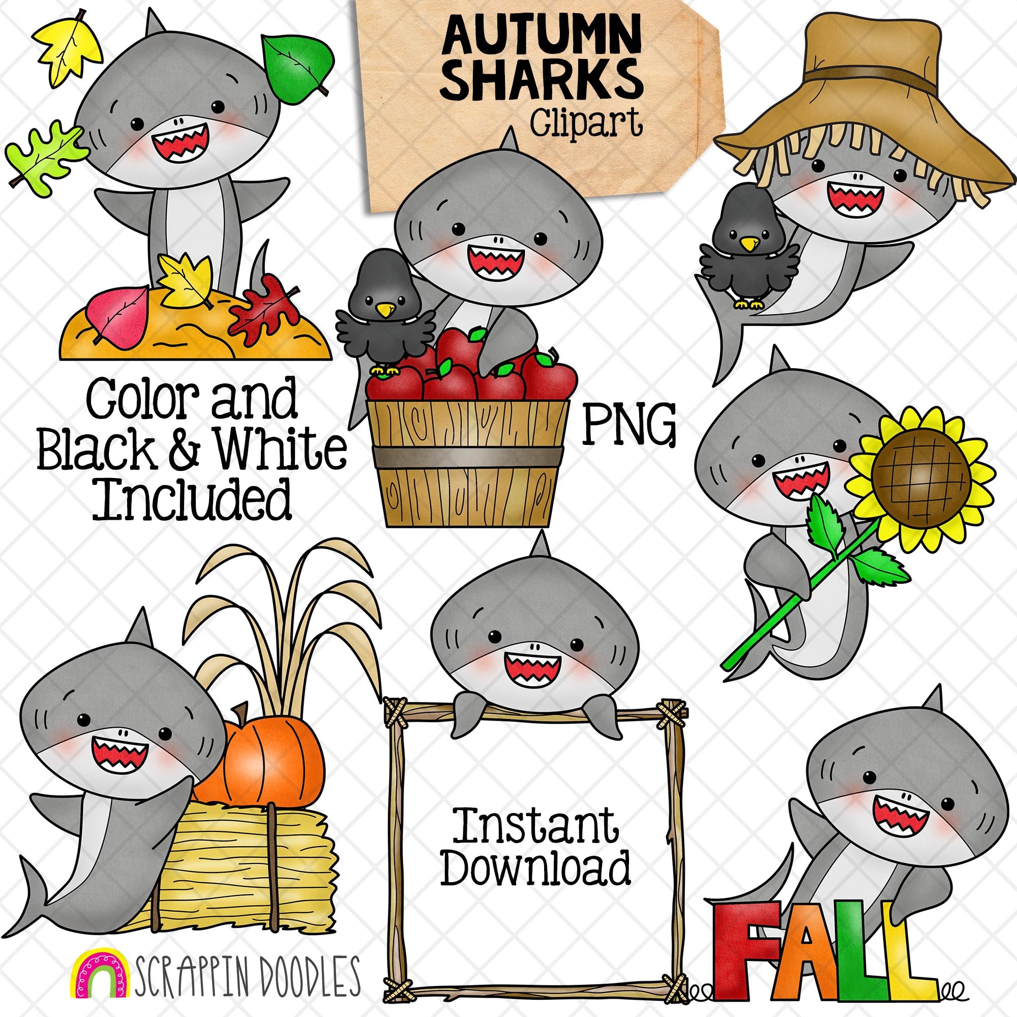 Autumn Sharks Clip Art - Grey Shark Clipart - Baby Shark - Commercial ...