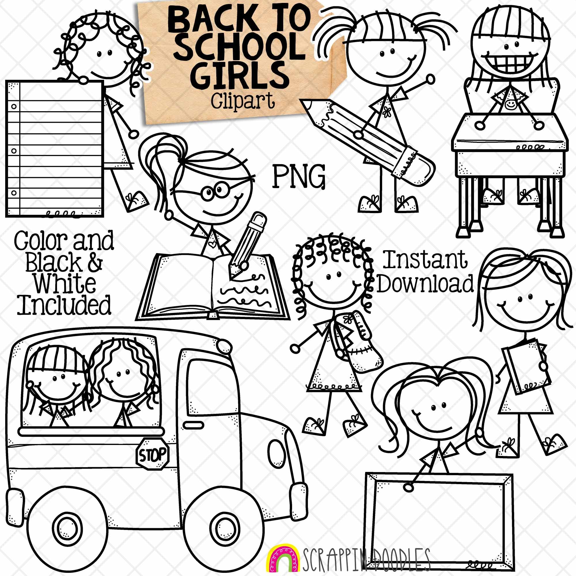 Back to School ClipArt - Doodle Girls - School Bus - Student Classroom ...