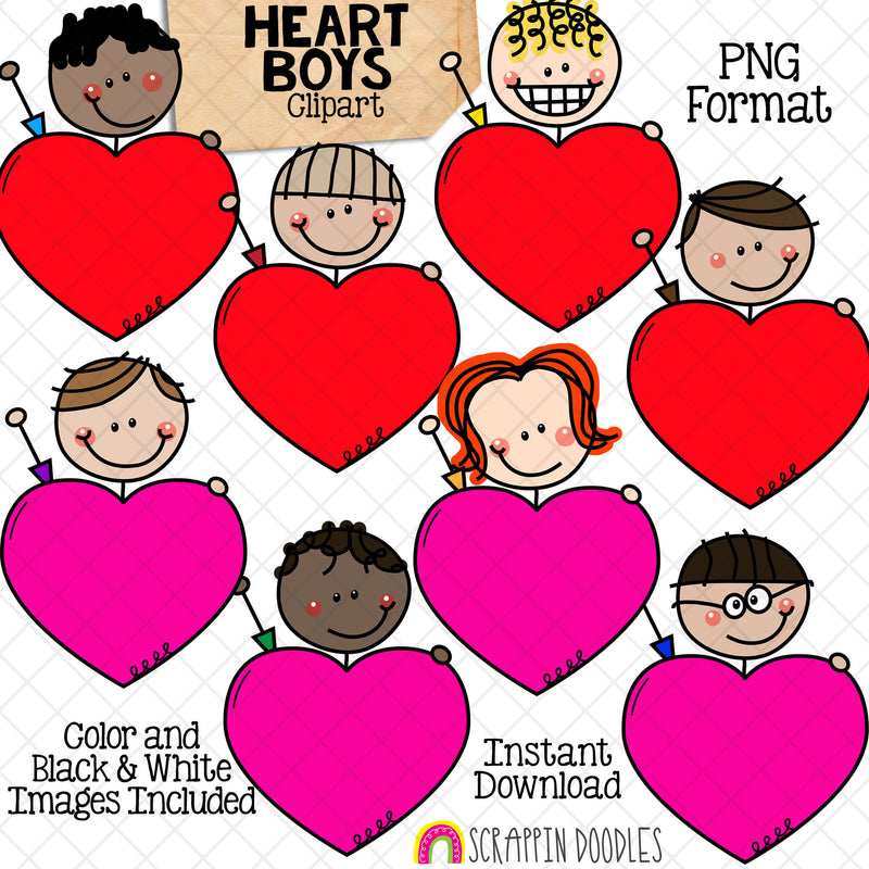 Boys Holding Hearts Clip Art - Valentines Day Doodle Kids Clipart - Va ...