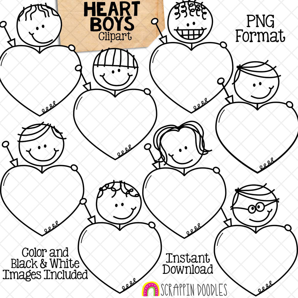 Boys Holding Hearts Clip Art - Valentines Day Doodle Kids Clipart - Va ...