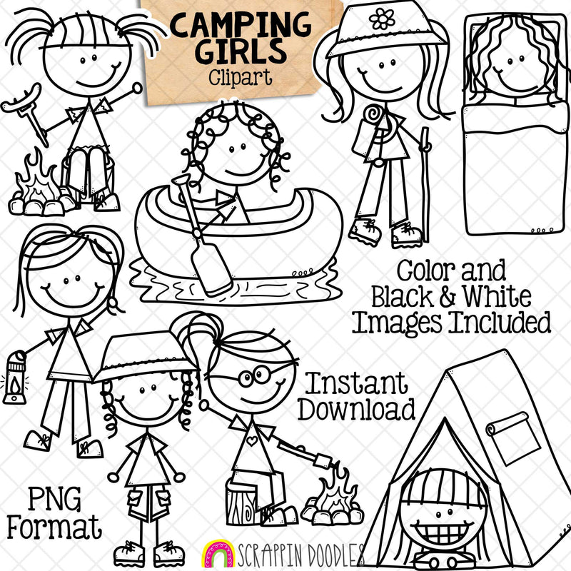 Camping Clipart - Doodle Girls Camping - Backpacking - Hiking - Campfi ...