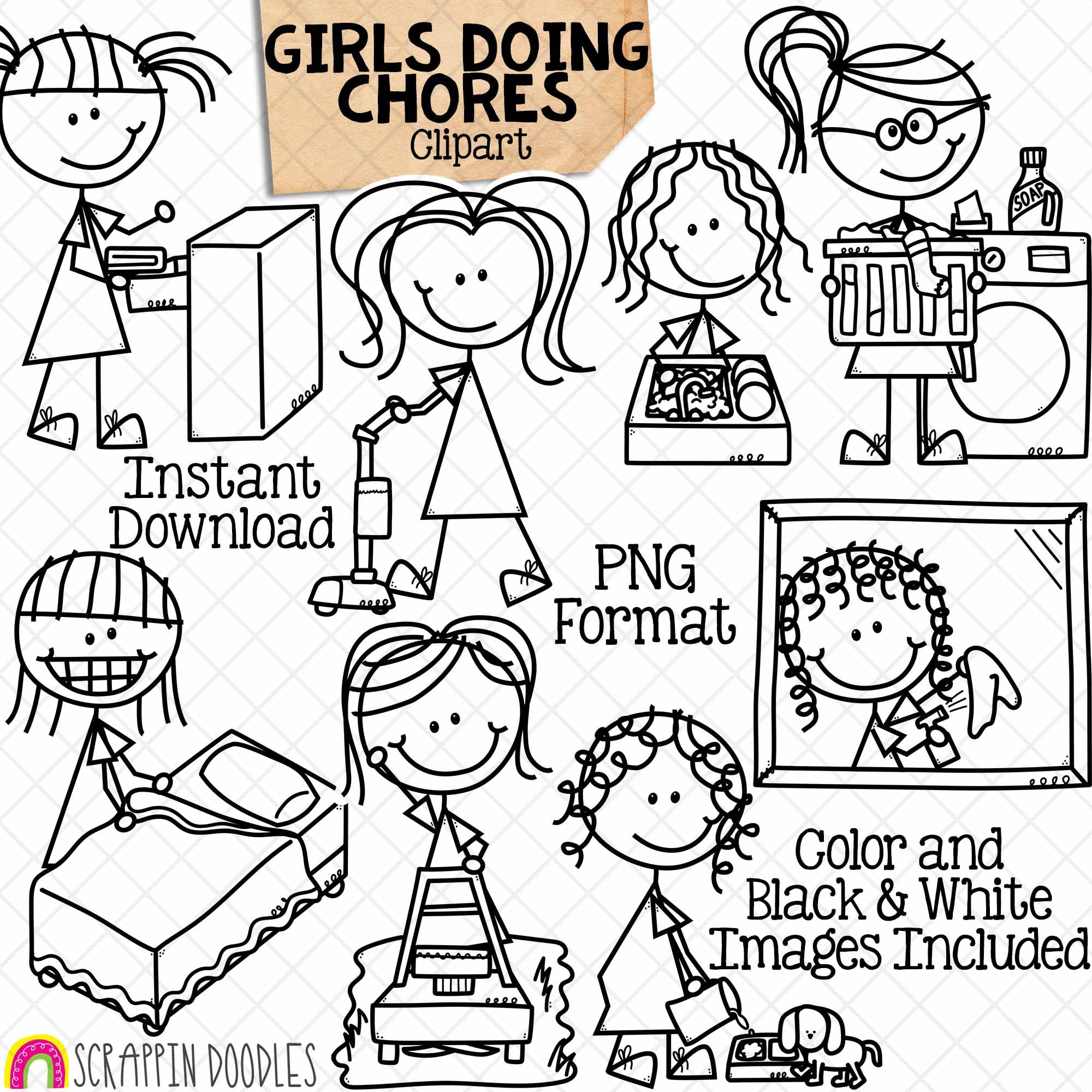 Household Chores ClipArt -Doodle Girls Chores Clipart - Kids Doing Cho ...