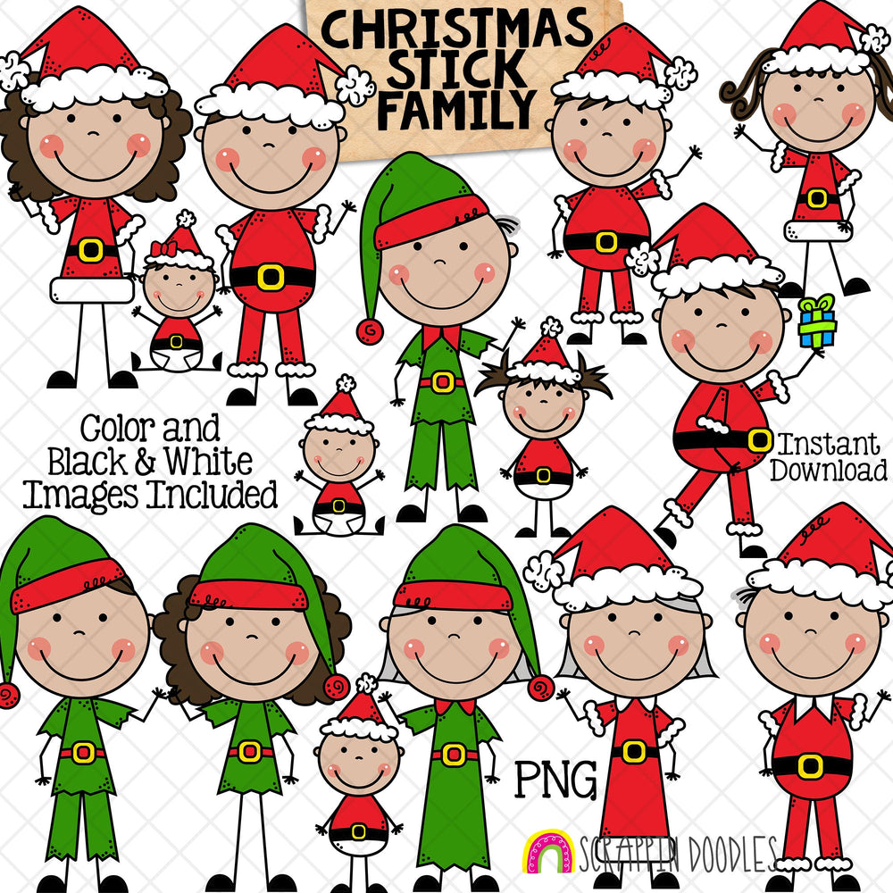 Christmas Stick Family Clip Art - Various Hair Colors - Stick Figures ...