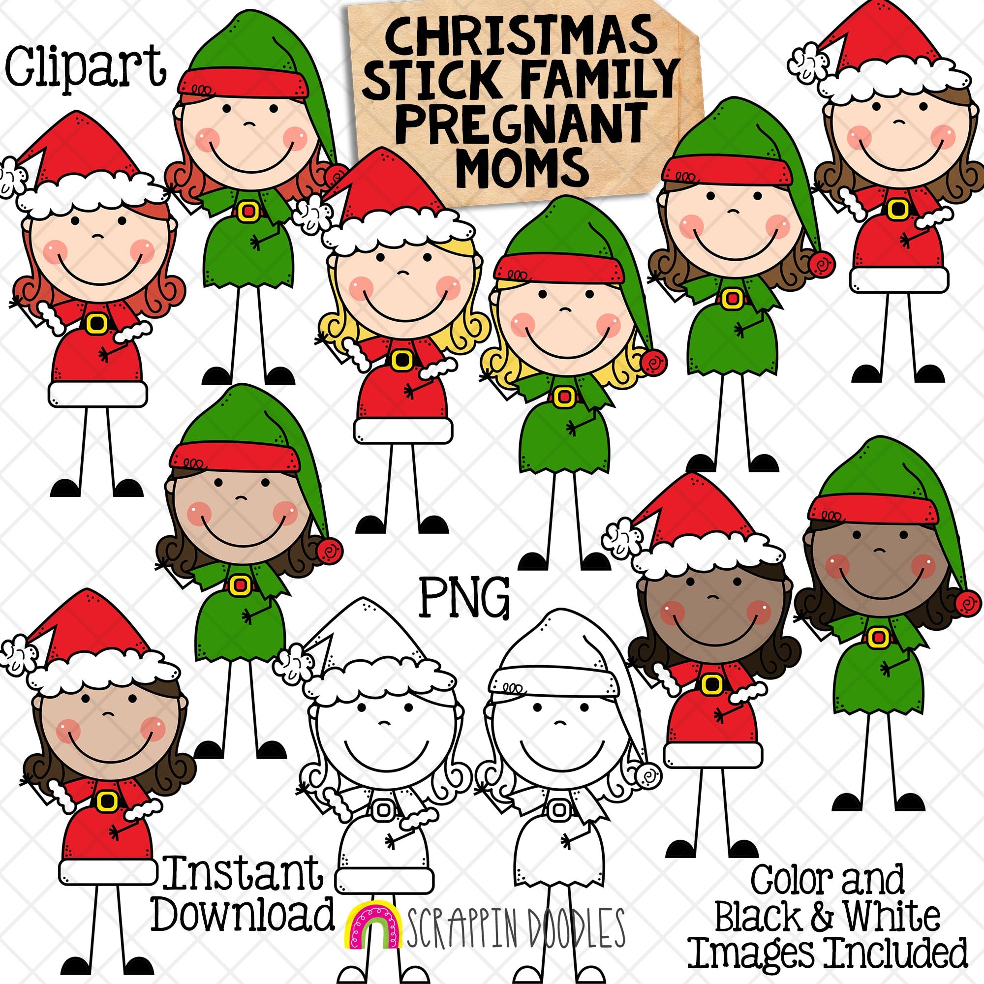 Christmas Stick Family Clip Art - Various Hair Colors - Stick Figures ...