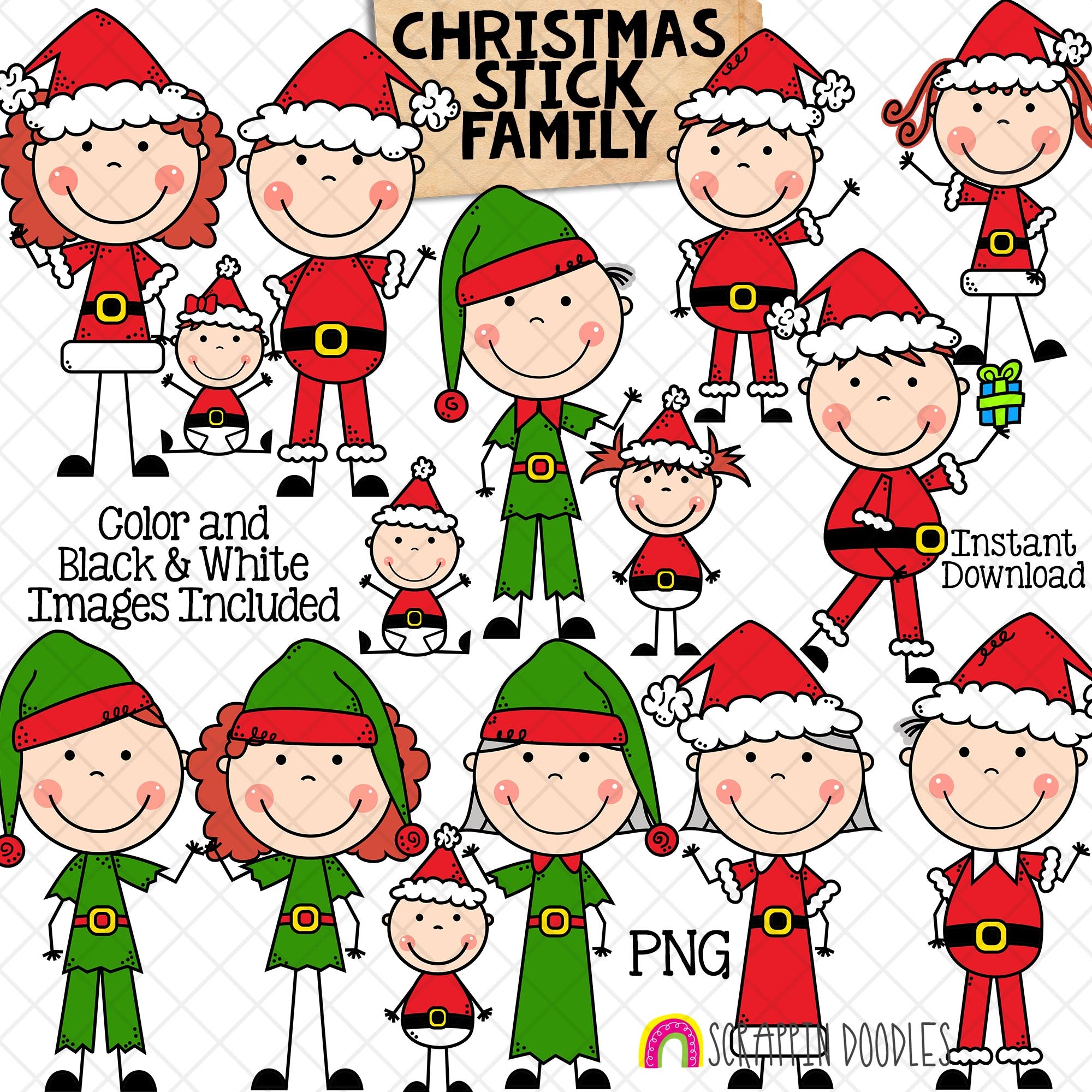 Christmas Stick Family Clip Art - Various Hair Colors - Stick Figures ...