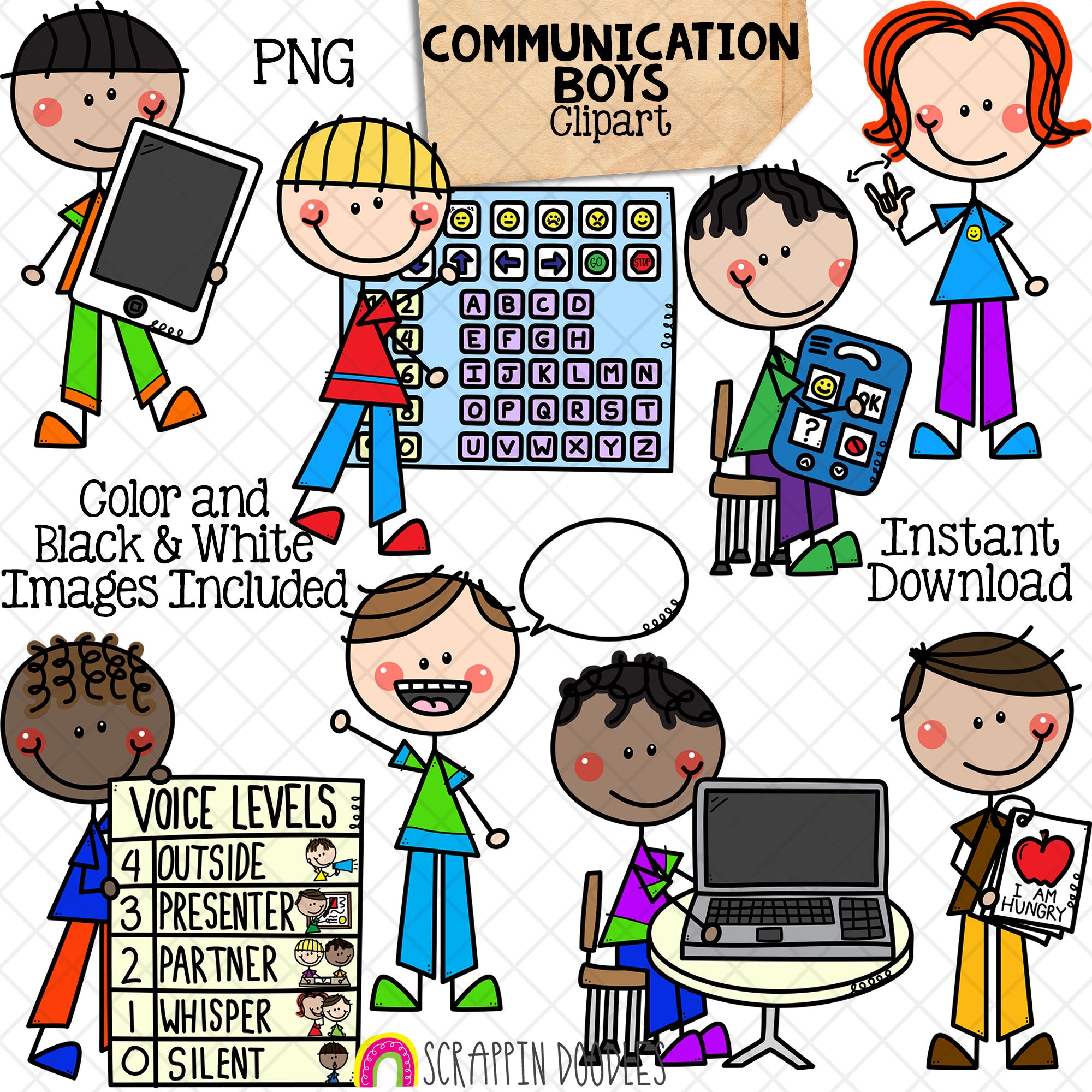 Communication Boys Clip Art - Doodle Kids Stick Figure Graphics - Voic ...