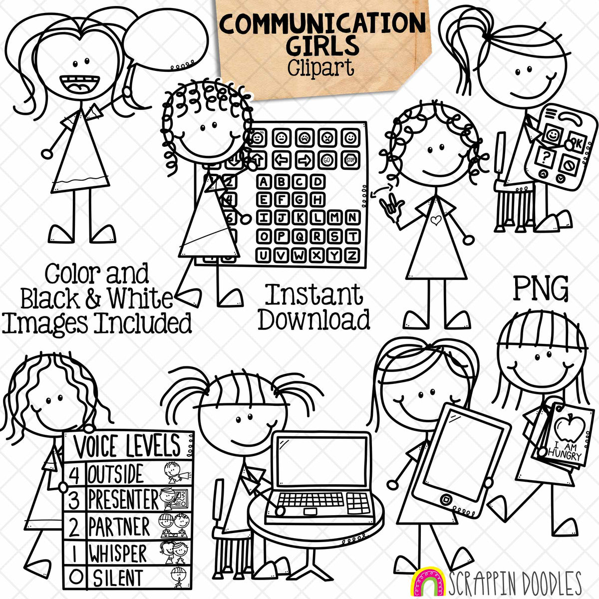 Communication Girls Clip Art - Doodle Kids Stick Figure Graphics - Voi ...