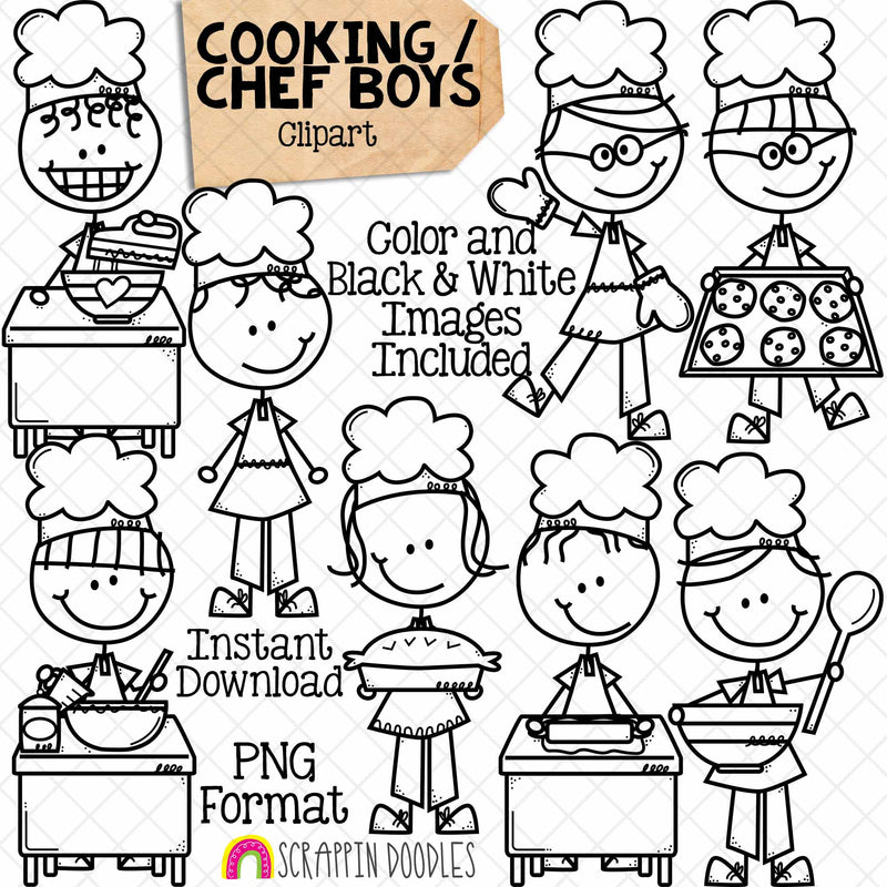 Cooking Clip Art - Doodle Boys in Chef Hats - Baking - Mixing - Rollin ...