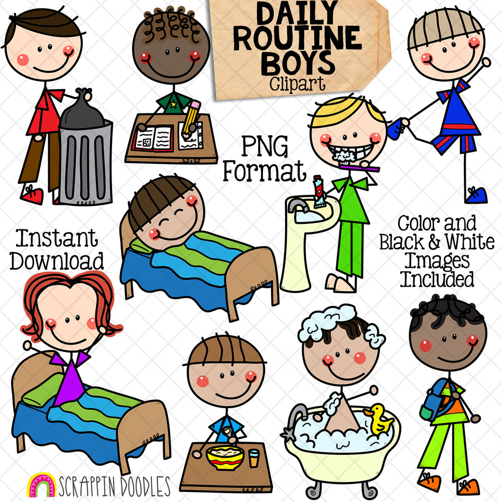 Daily Routine ClipArt - Doodle Boys Clip Art - Kids - Chores - Brushin ...