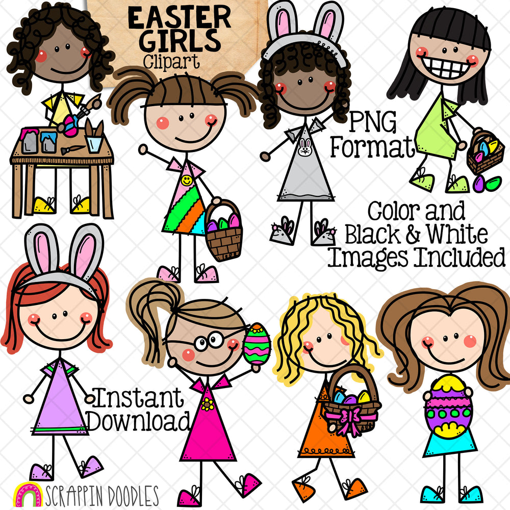 Easter Girls ClipArt - Doodle Girl Easter Clip Art - Egg Hunt - Painti ...