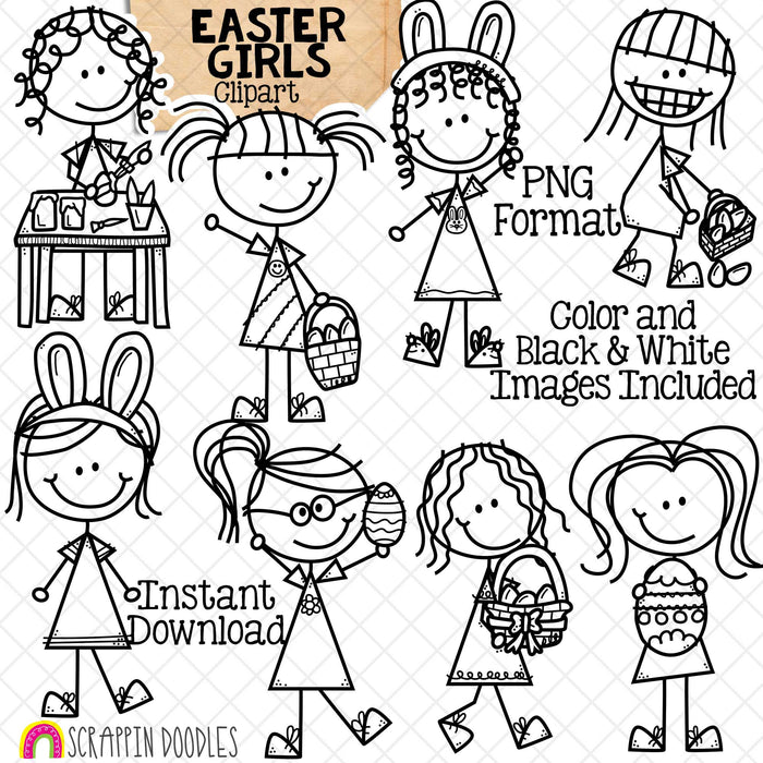 Easter Girls ClipArt - Doodle Girl Easter Clip Art - Egg Hunt - Painti ...
