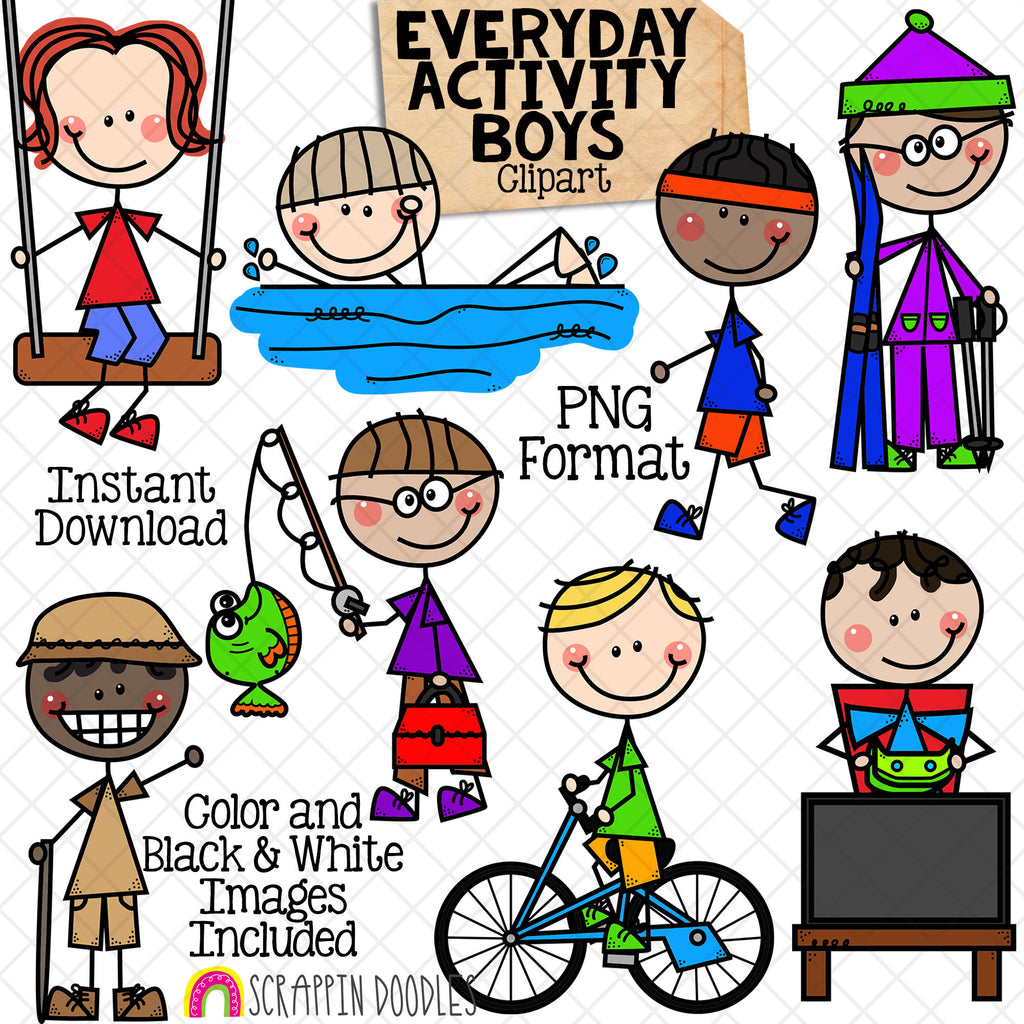 Everyday Activity Boys Clip Art - Doodle Boys Activities - Hiking - Fi ...