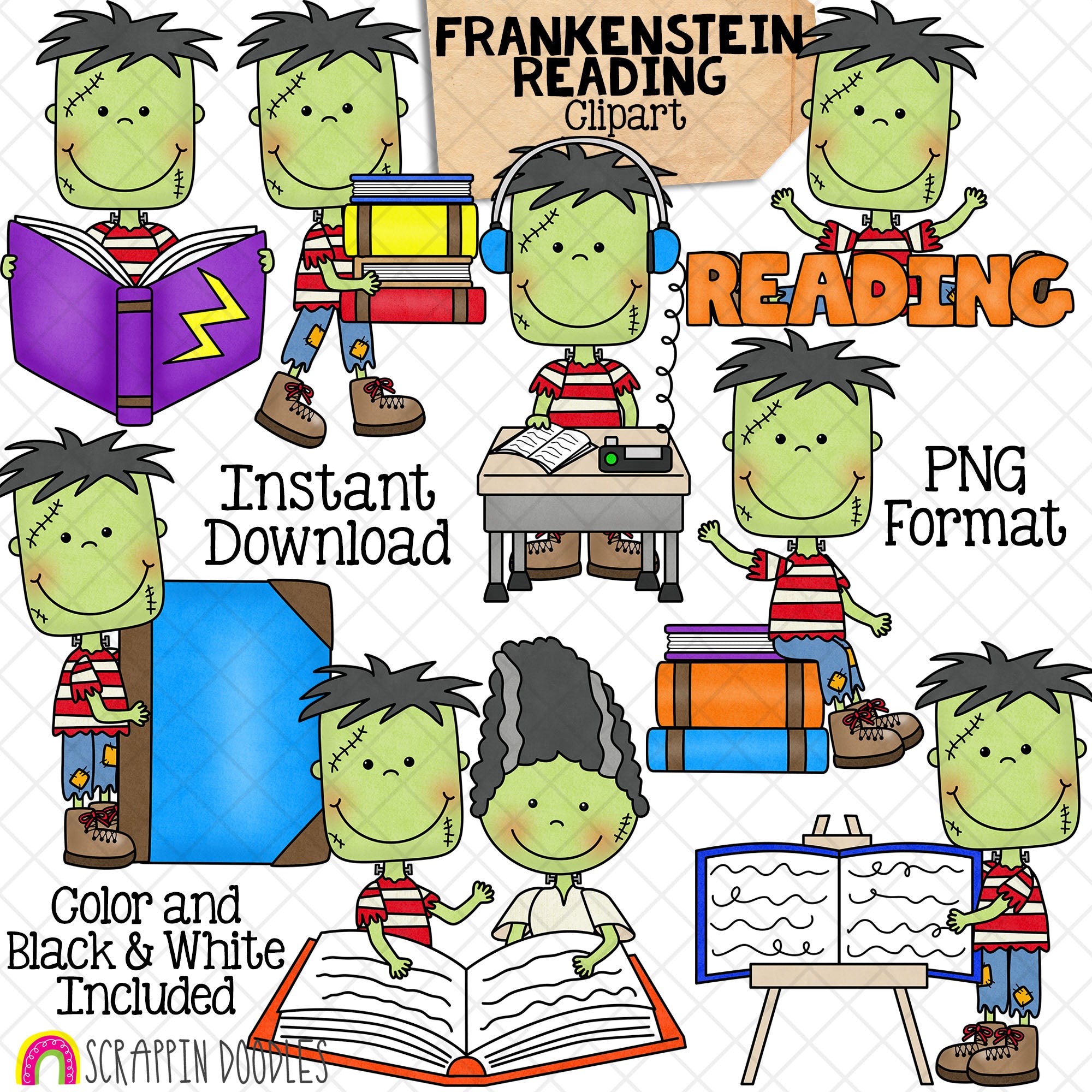 Frankenstein Reading Clip Art - Halloween Library Clipart - Read Books ...