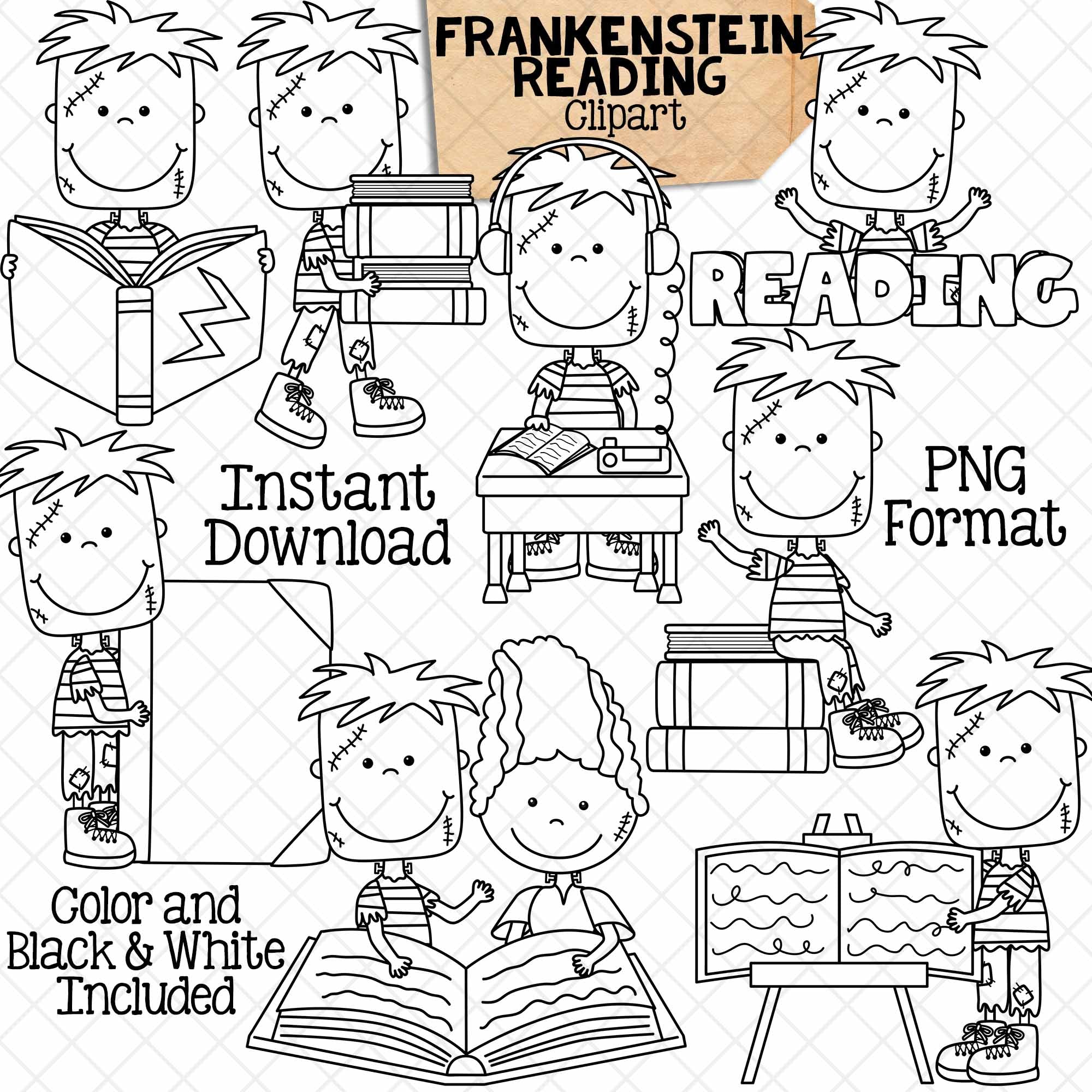 Frankenstein Reading Clip Art - Halloween Library Clipart - Read Books ...