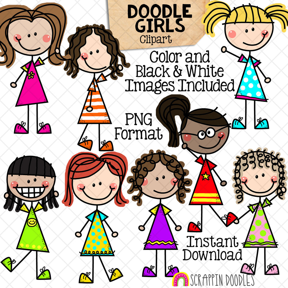 Doodle Girls Clipart - Girl Graphics - Standing - Multi Cultural Kids ...