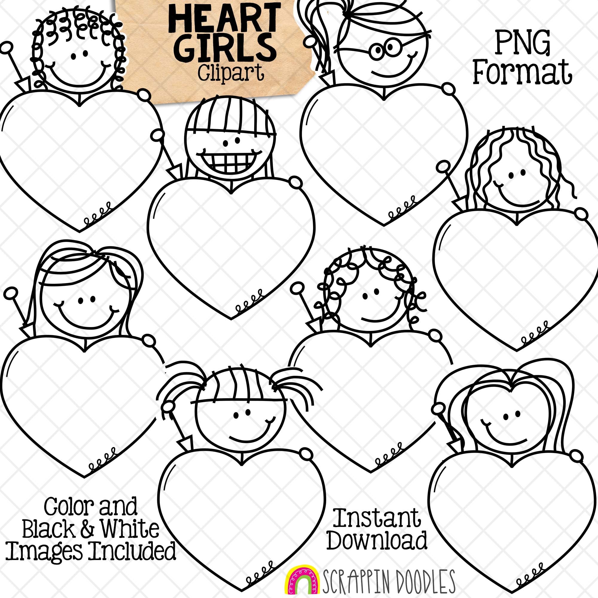 Girls Holding Hearts Clip Art - Valentines Day Doodle Kids Clipart - V ...
