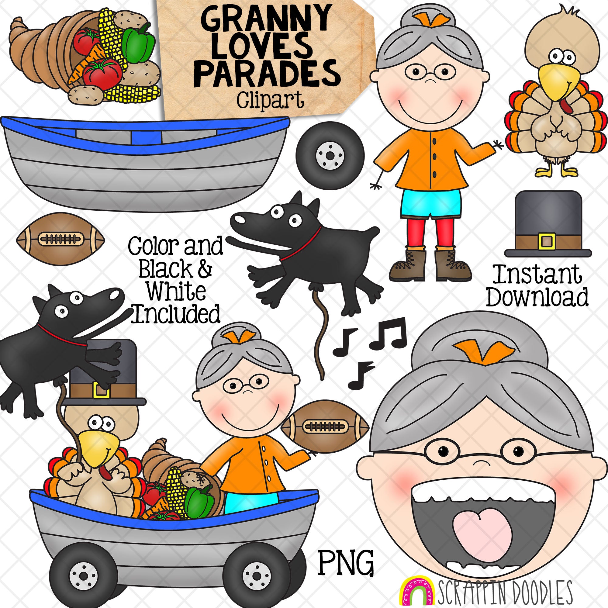 Granny Loves Parades Clip Art - Old Lady Swallowed a Turkey Graphics ...