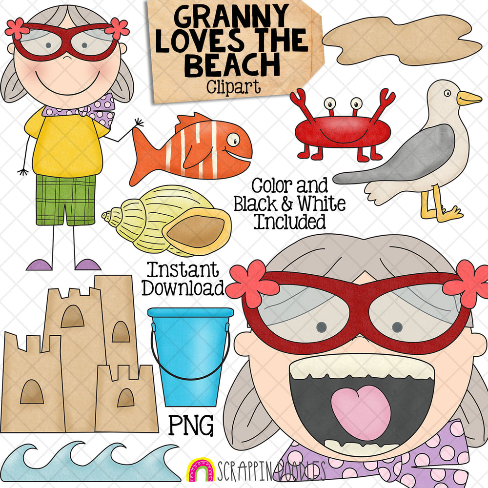 Granny Loves The Beach Clip Art - Old Lady Swallowed A Shell Graphics ...