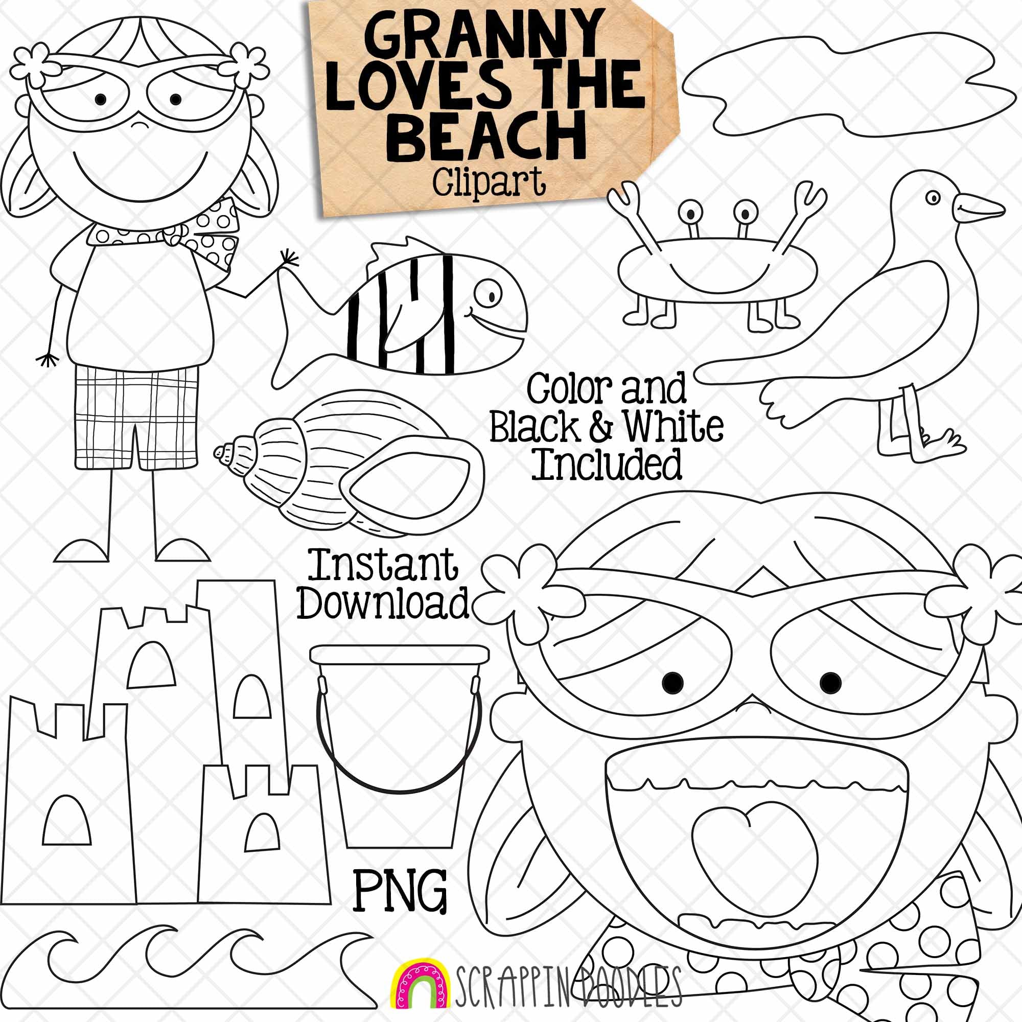 Granny Loves The Beach Clip Art - Old Lady Swallowed A Shell Graphics ...