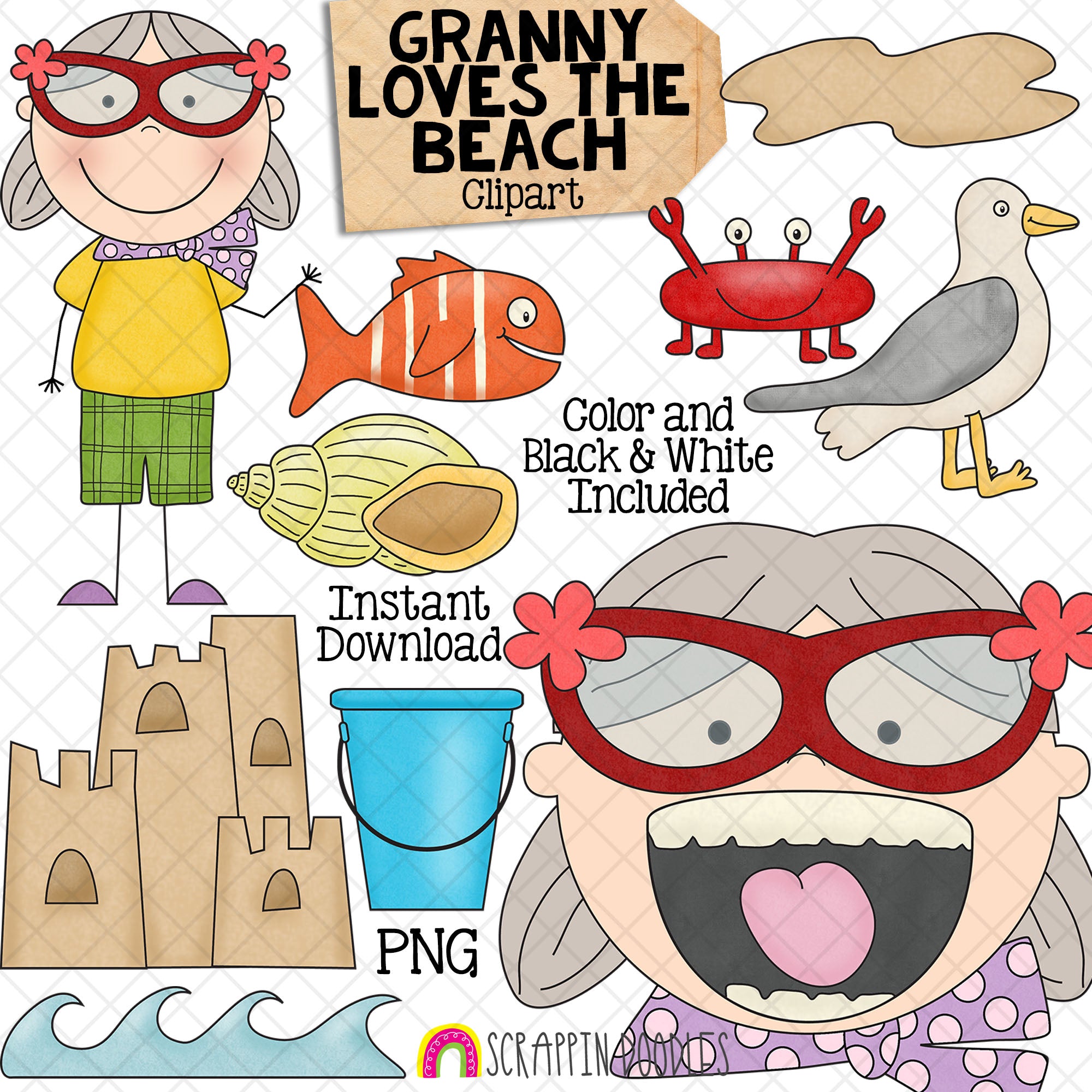 Granny Loves The Beach Clip Art - Old Lady Swallowed A Shell Graphics ...