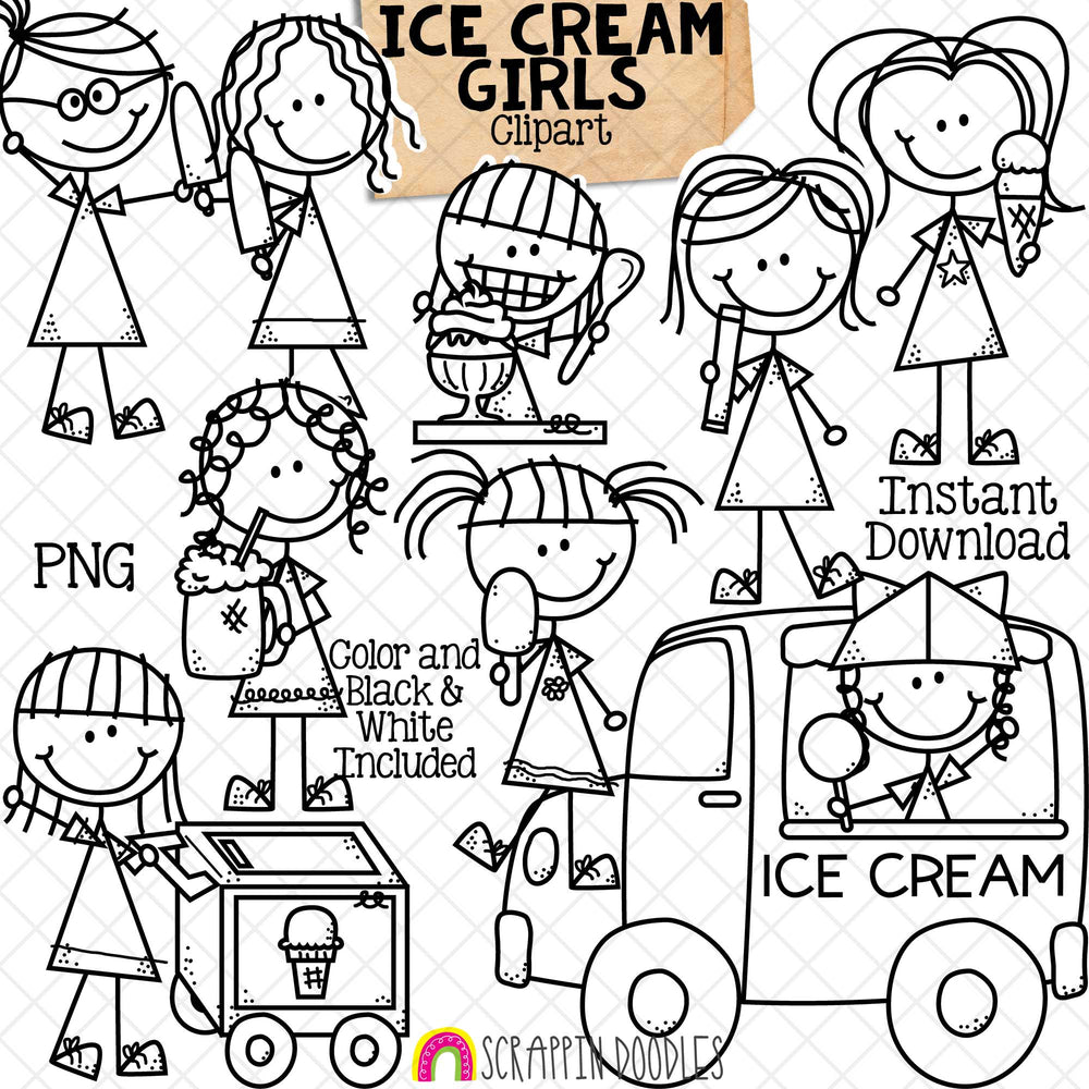Ice Cream Clipart - Doodle Girls - Ice Cream Truck ClipArt - Cart - Su ...